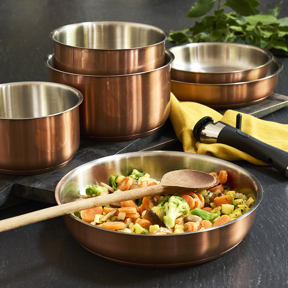 Lot de 3 poêles inox effet cuivré + 1 manche amovible | Pradel France