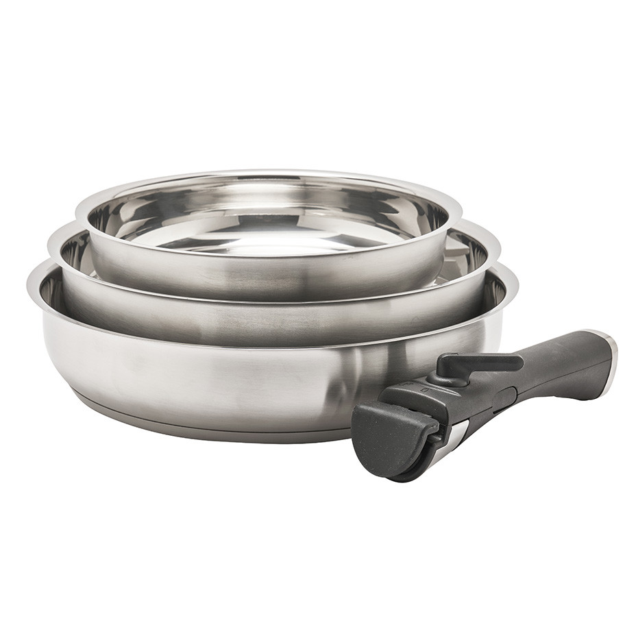 Lot de 3 poêles tout inox + 1 manche amovible | Pradel France